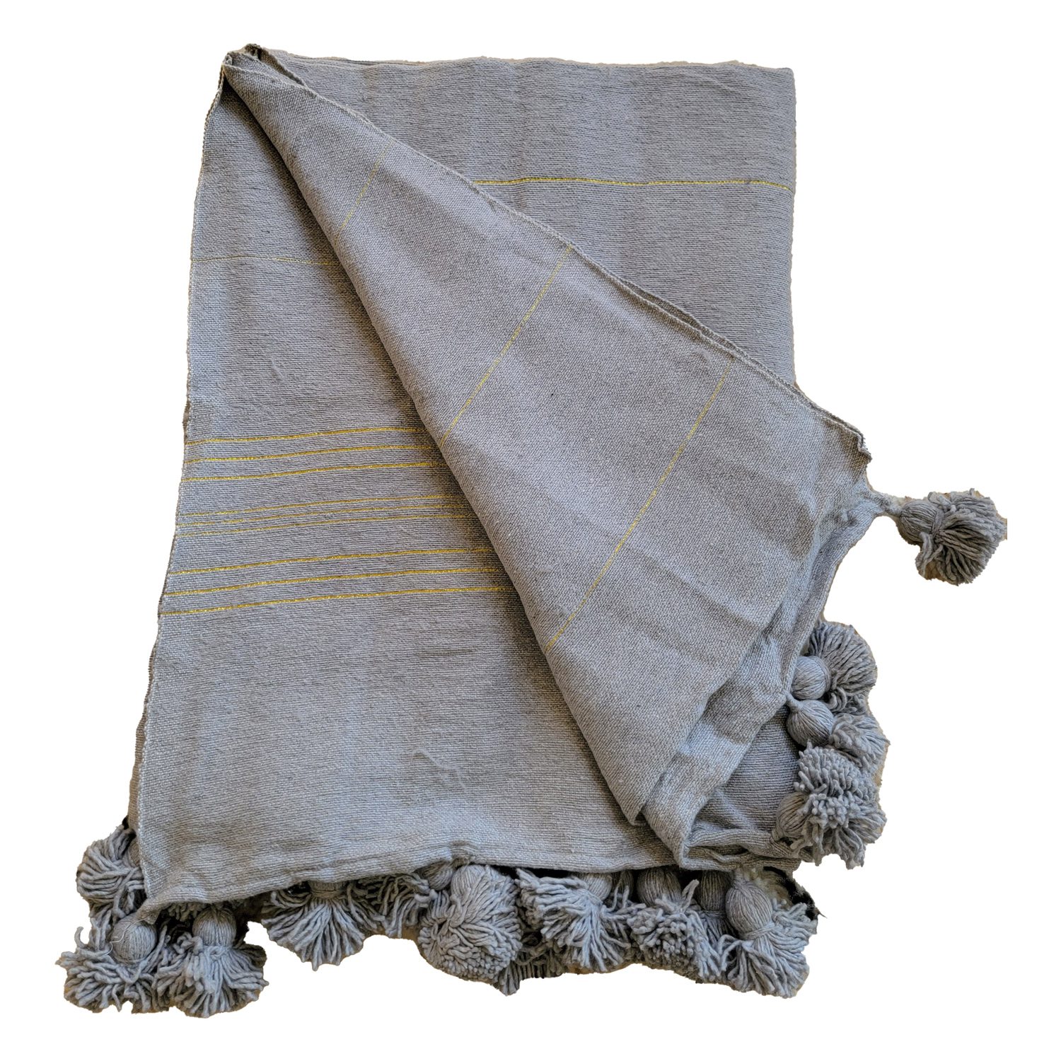 Manta gris con lineas doradas y pompones - Made in Marruecos