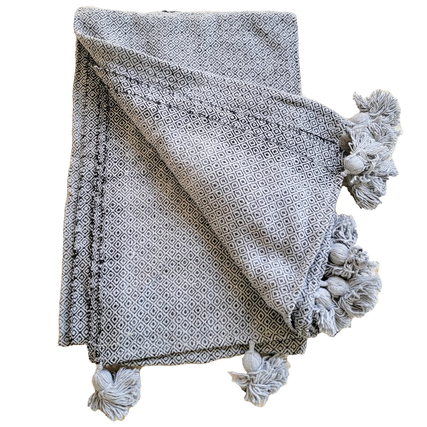 Manta gris con rombos y pompones grises- Made in Marruecos