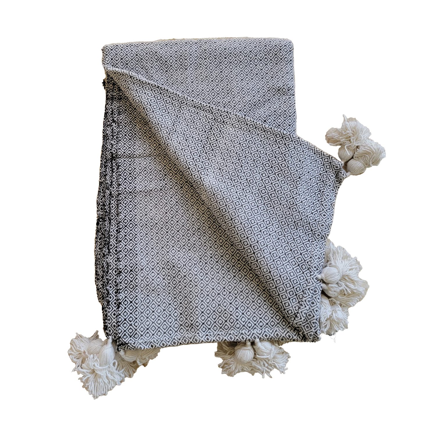 Manta gris con rombos y pompones blancos- Made in Marruecos