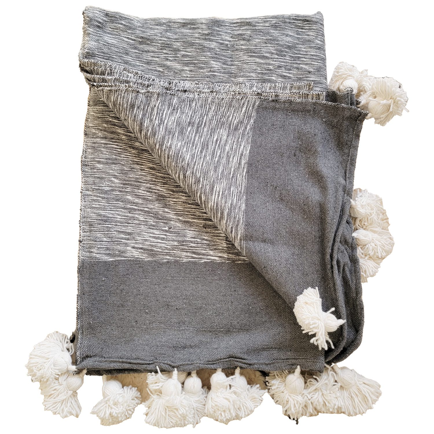 Manta gris de algodón pompones blancos - Made in Marruecos