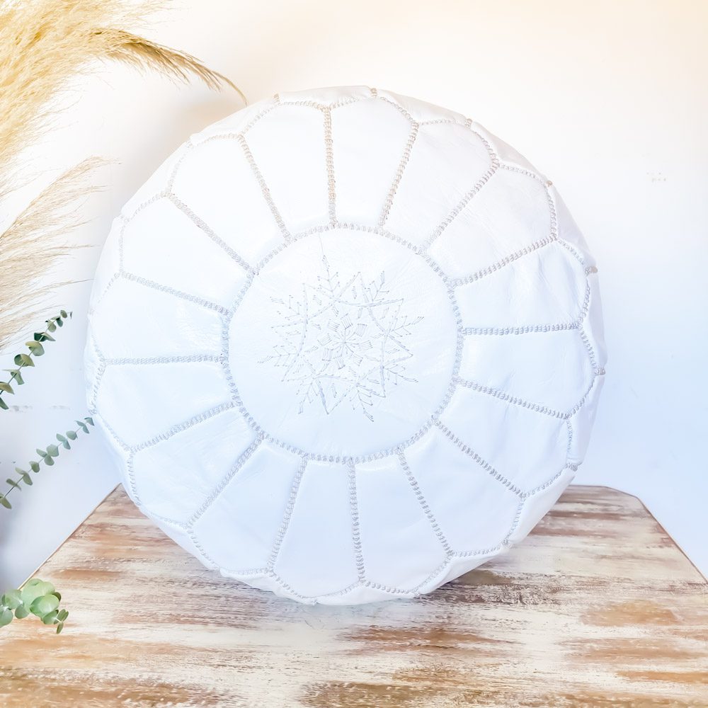 Puff de cuero blanco : Puff Natural 100% Original | Made in Marruecos